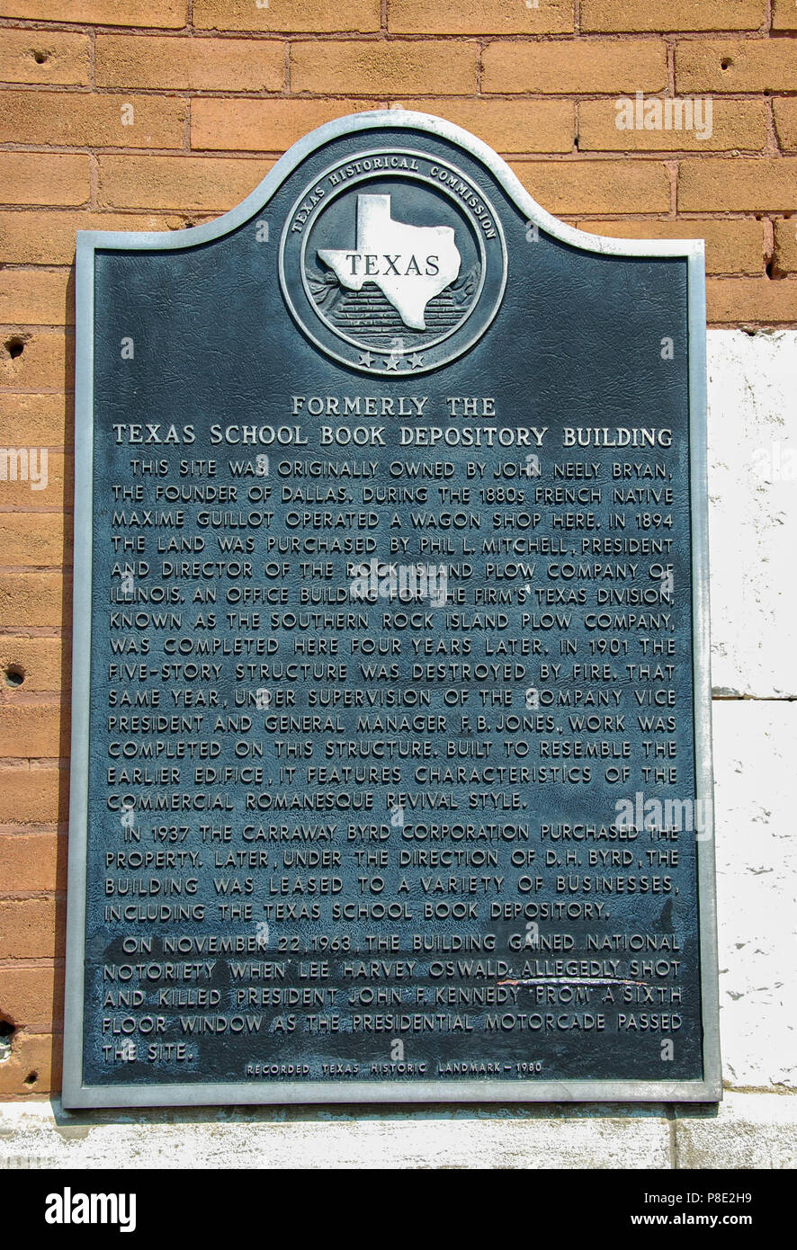 Close up of a plaque on the wall of the Texas School Book Depository ...