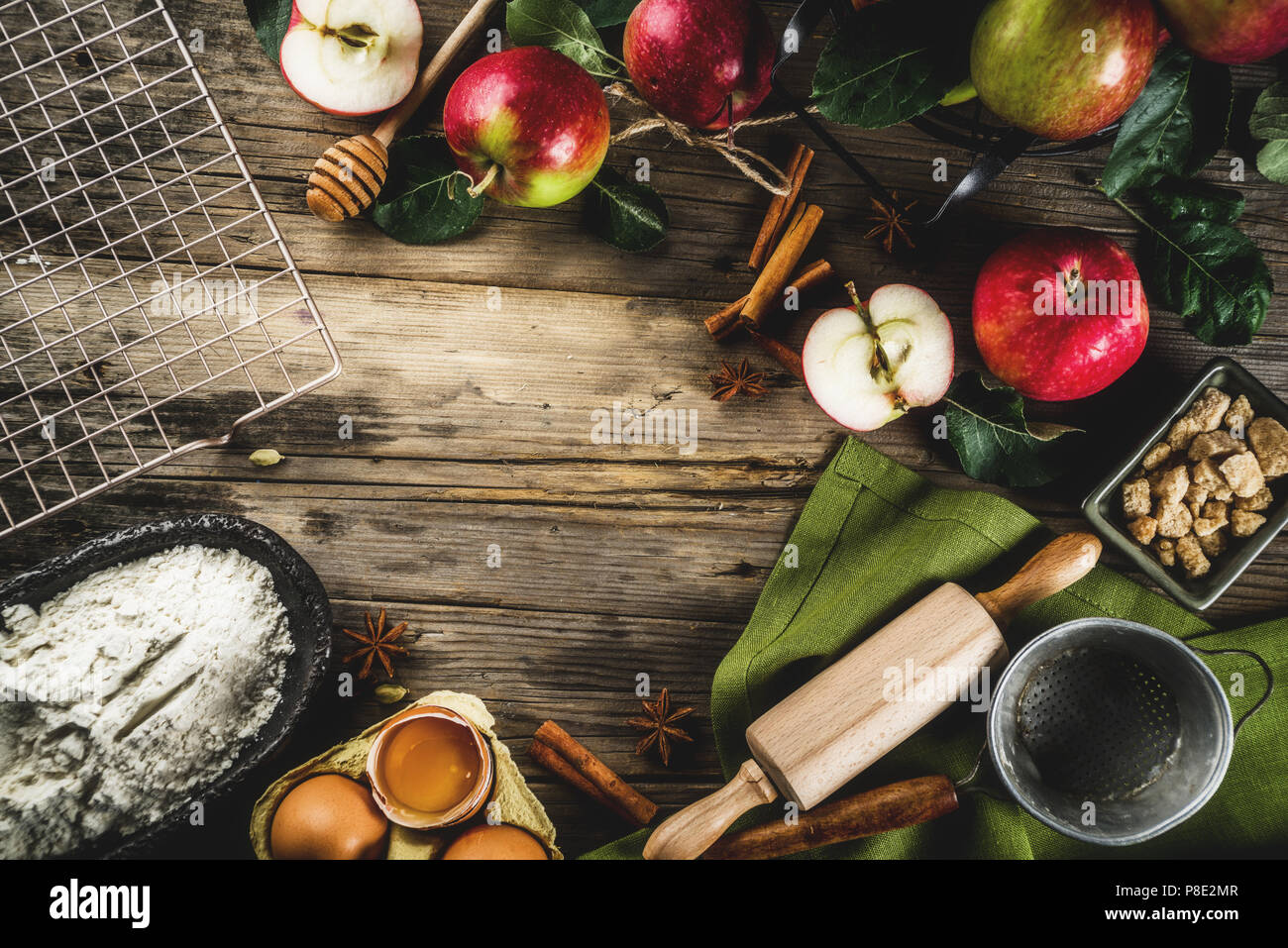 Autumn cooking background, Apple pie baking concept, fresh red apples ...