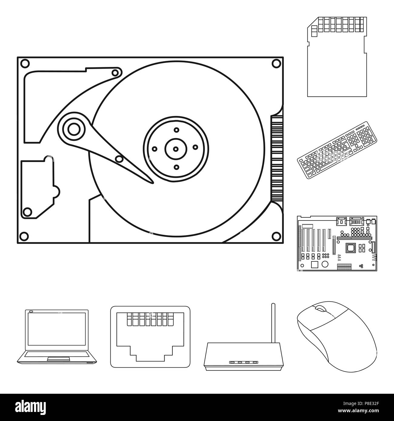 Personal computer outline icons in set collection for design. Equipment ...