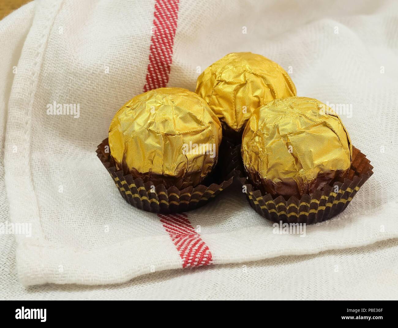 Sweet Food, Three Round Chocolate Candy Balls or Chocolate Bonbons in ...