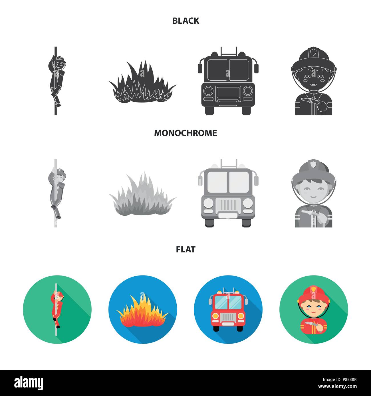 Fireman, flame, fire truck. Fire department set collection icons in ...
