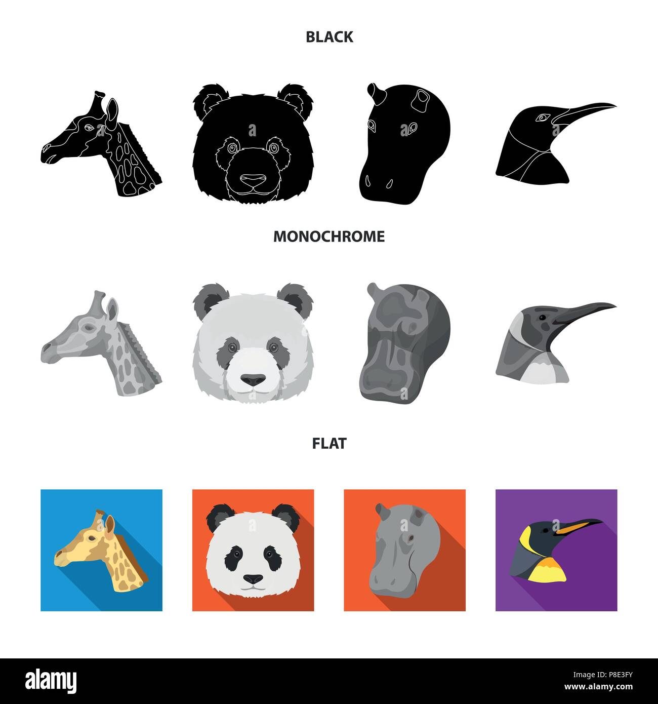 Panda, giraffe, hippopotamus, penguin, Realistic animals set collection ...