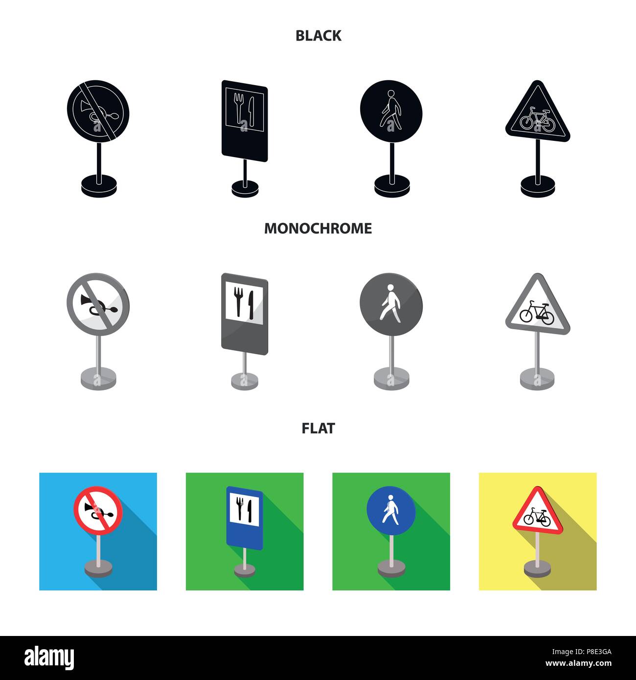 Different types of road signs black, flat, monochrome icons in set ...