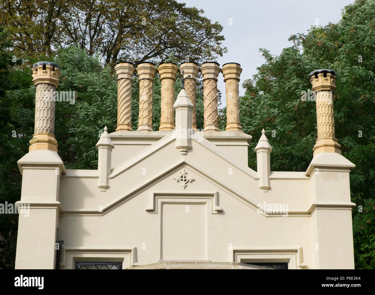 Highgate Cemetery building with unique chimneys, London Stock Photo - Alamy