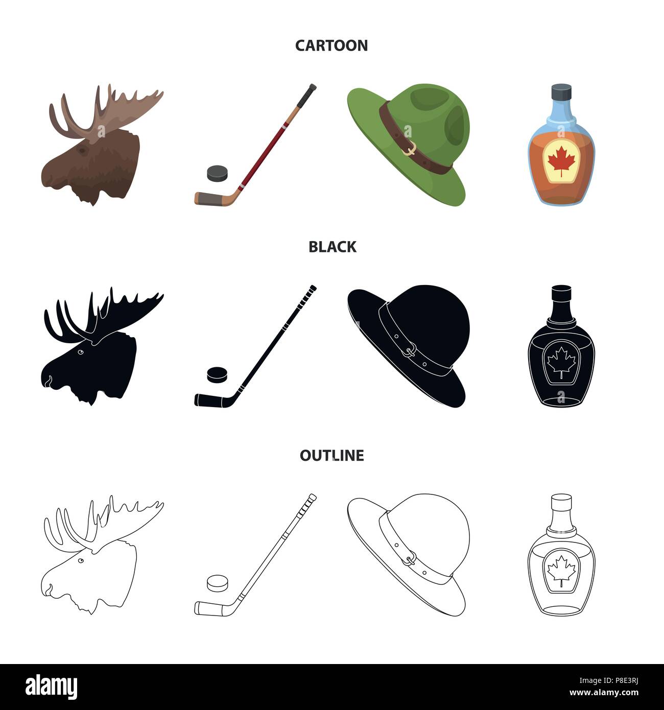 A canadian policeman hat, a bottle of maple syrup and other Canadian ...