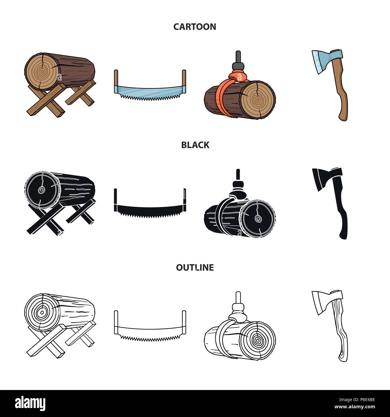 Log on supports, two-hand saw, ax, raising logs. Sawmill and timber set ...