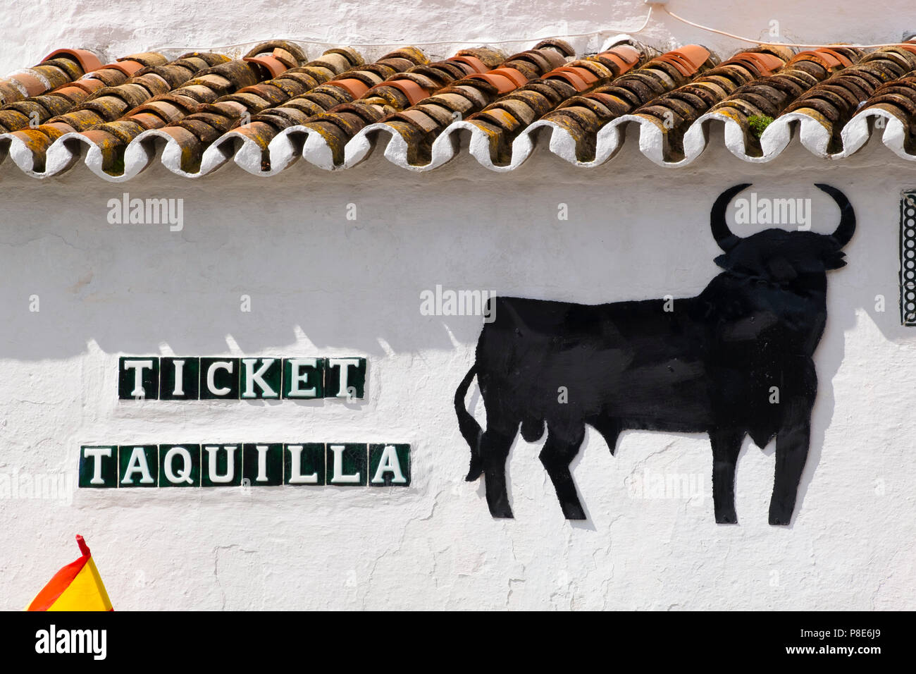 Metal bull symbols at bullring. White Village of Mijas, Malaga province ...