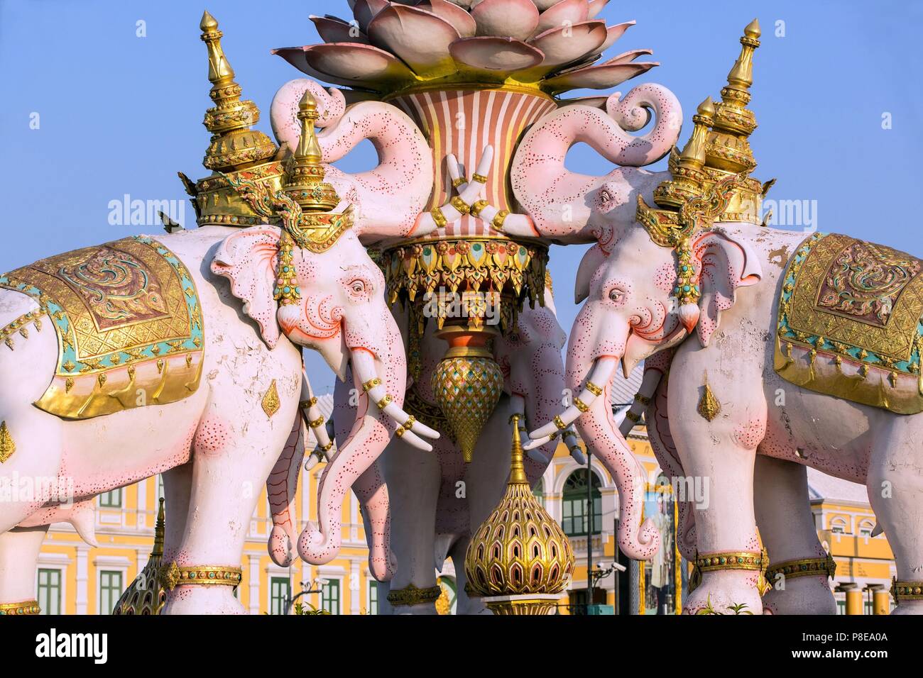 PINK ELEPHANTS, STATUES WITH RELIGIOUS SYMBOLISM, BUDDHIST, NEXT TO THE ...
