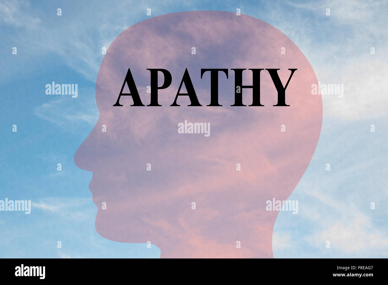 Render illustration of APATHY title on head silhouette, with cloudy sky ...