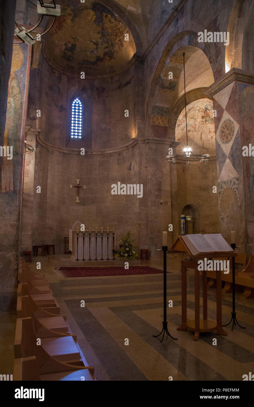 Church interior with Crusader-era frescoes fragment in the Benedictine ...