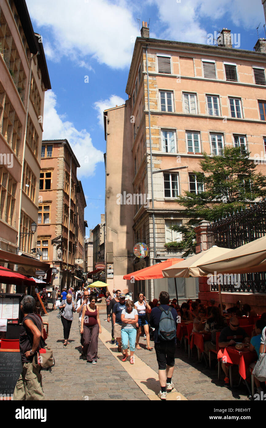 Tourists exploring the alleys of the old city of Lyon, France Stock ...