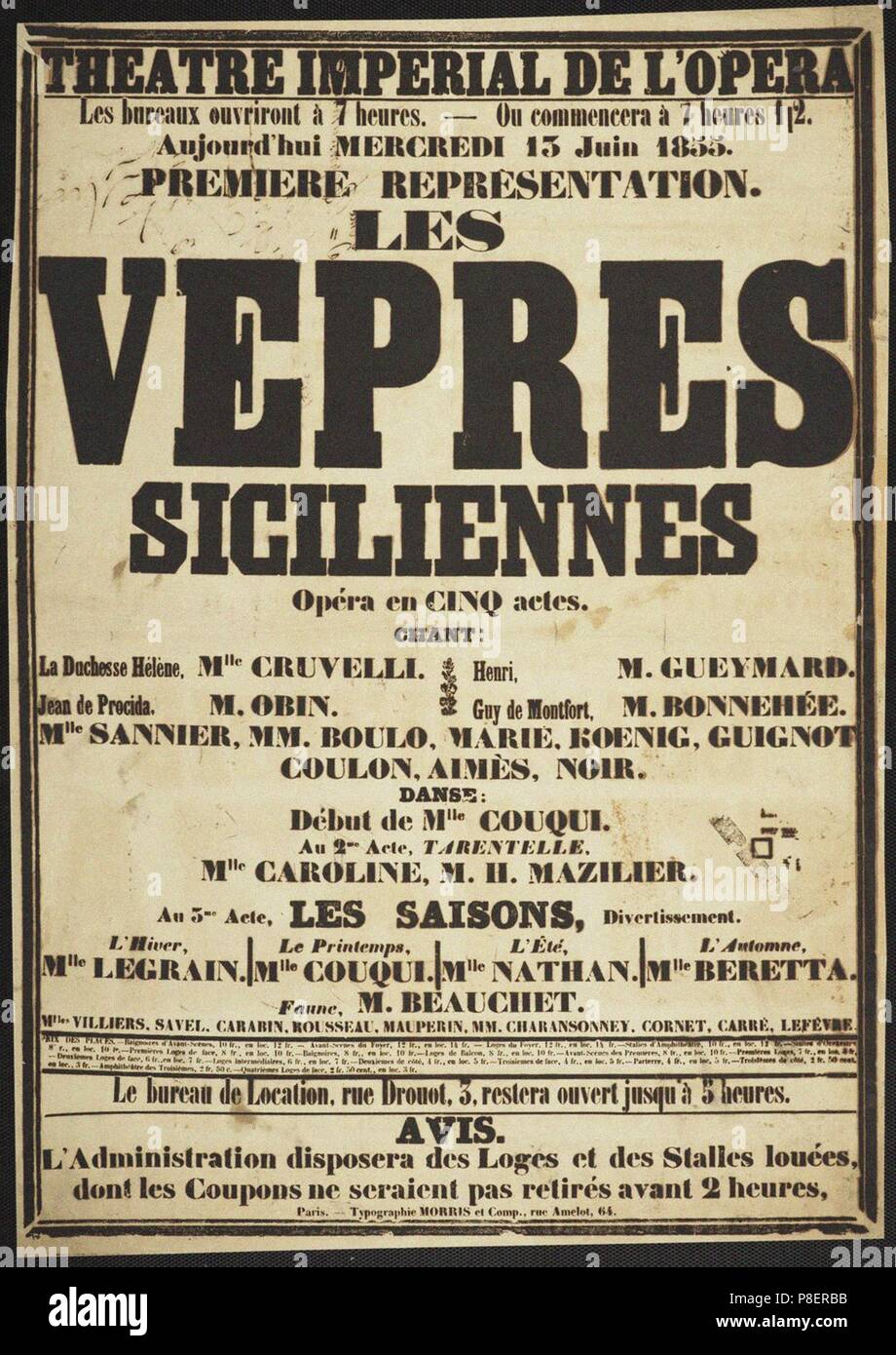 Premiere Poster for the opera Les Vêpres siciliennes by Giuseppe Verdi ...