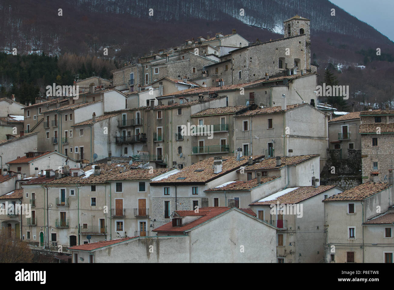Winter view of Civitella Alfedena old village with snow in Abruzzo ...