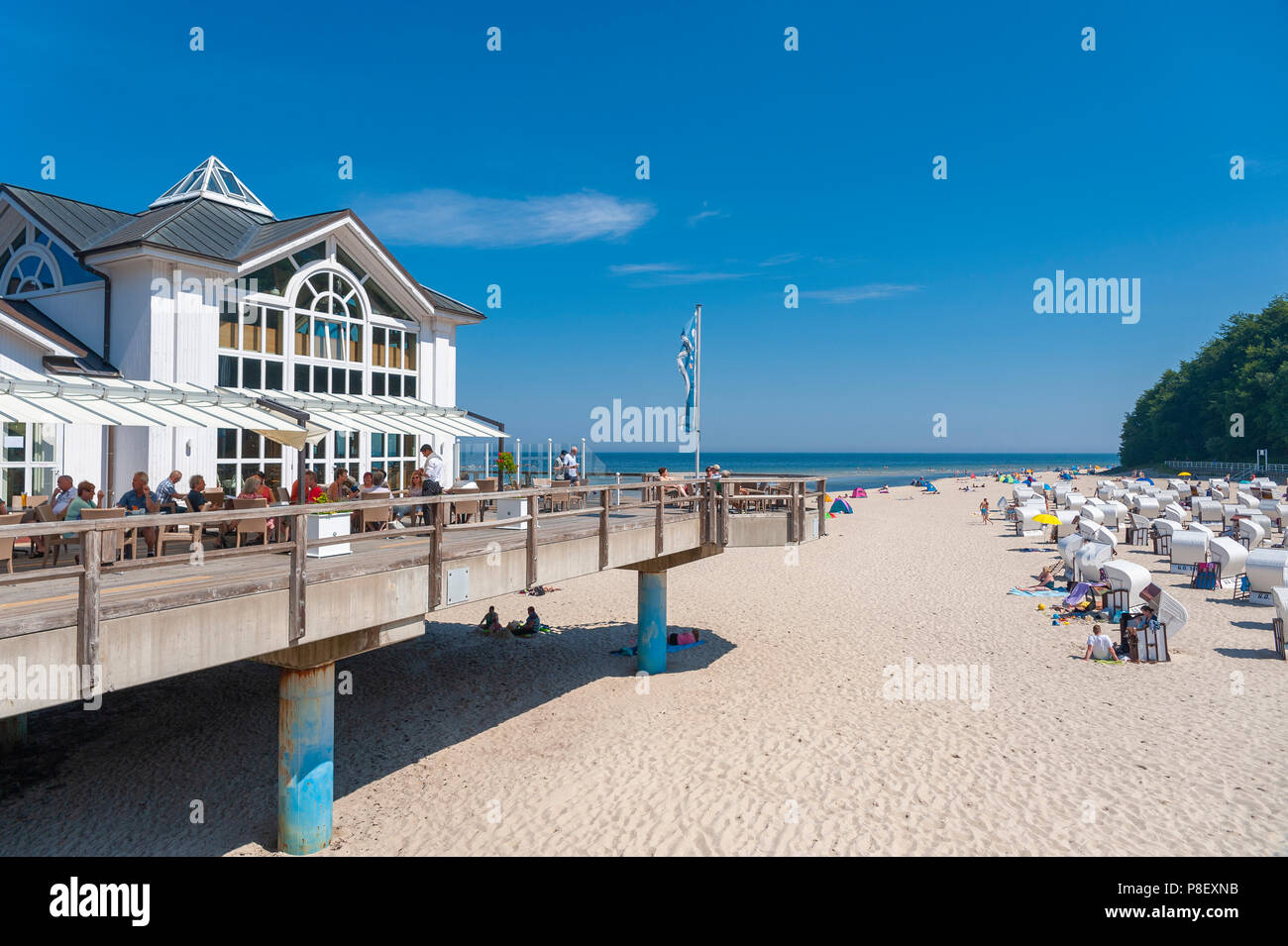 Beach with detail of the pier, Sellin, Rügen, Mecklenburg-Vorpommern ...