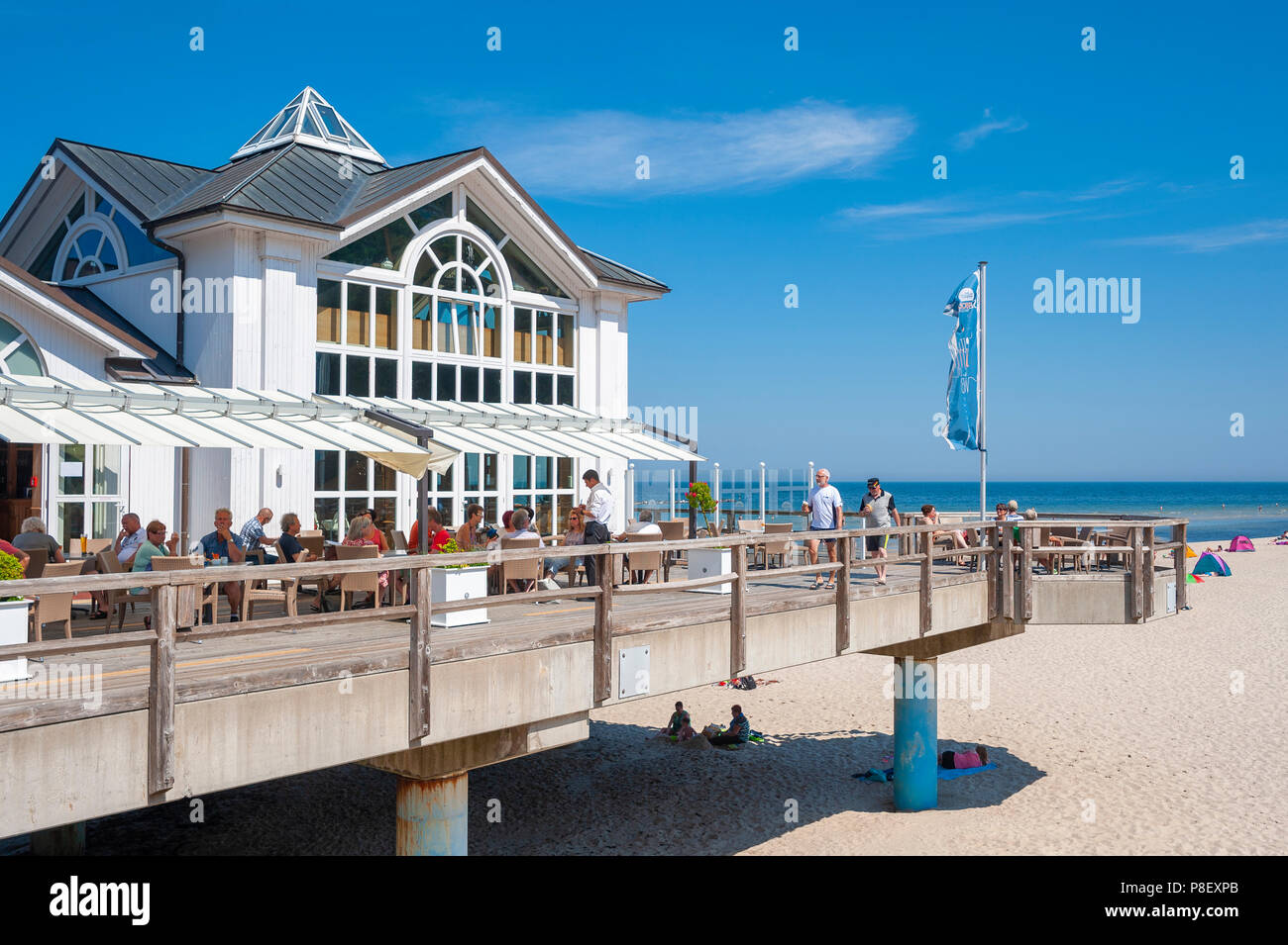 Beach with detail of the pier, Sellin, Rügen, Mecklenburg-Vorpommern ...