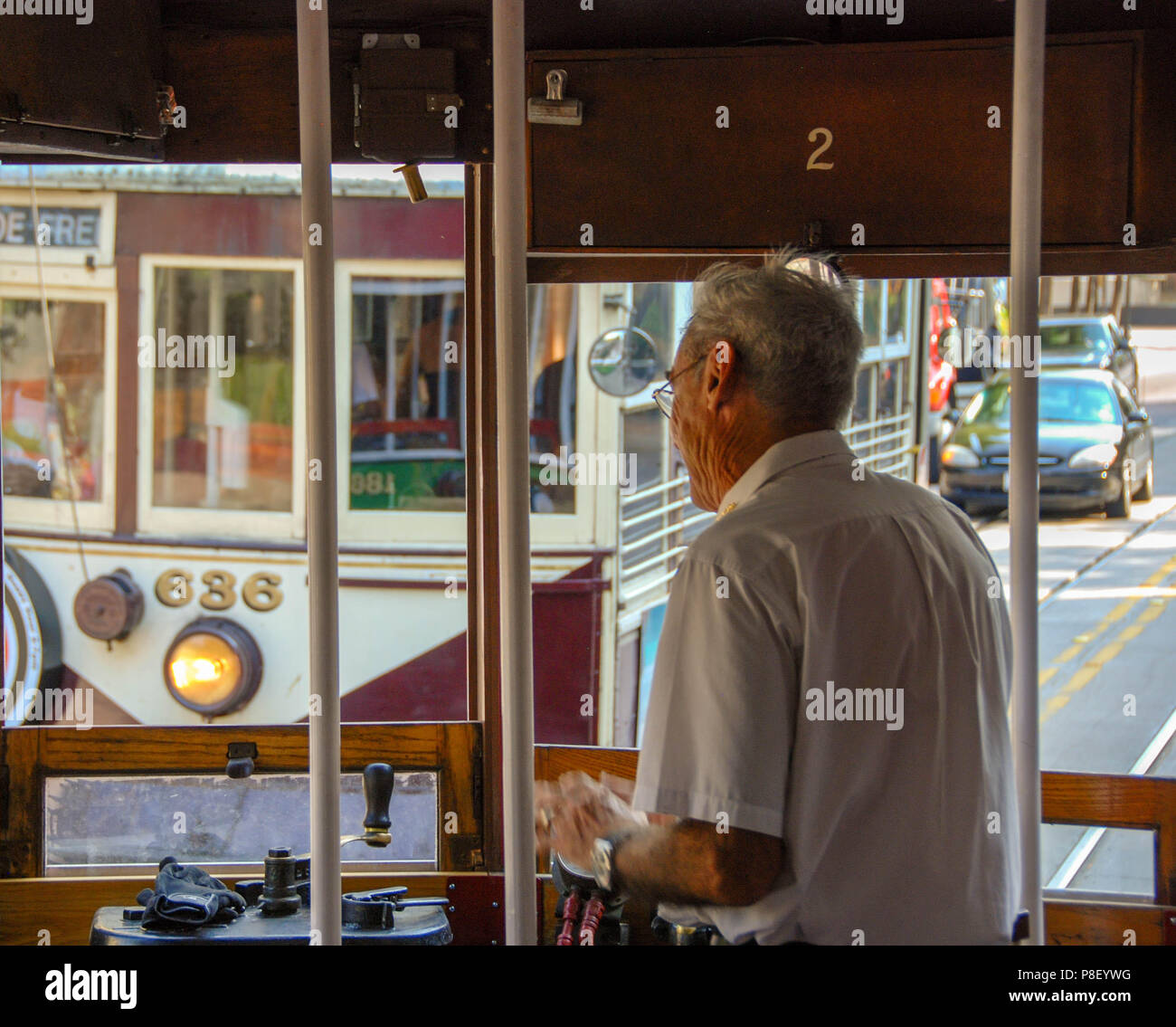 Interior view from behind the driver on a streetcar on the McKinney ...