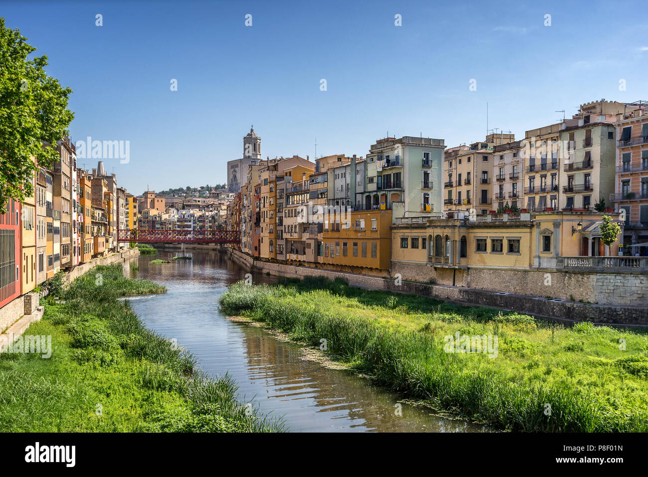 Colorful houses on the banks of the Onyar River in Girona Spain Stock ...