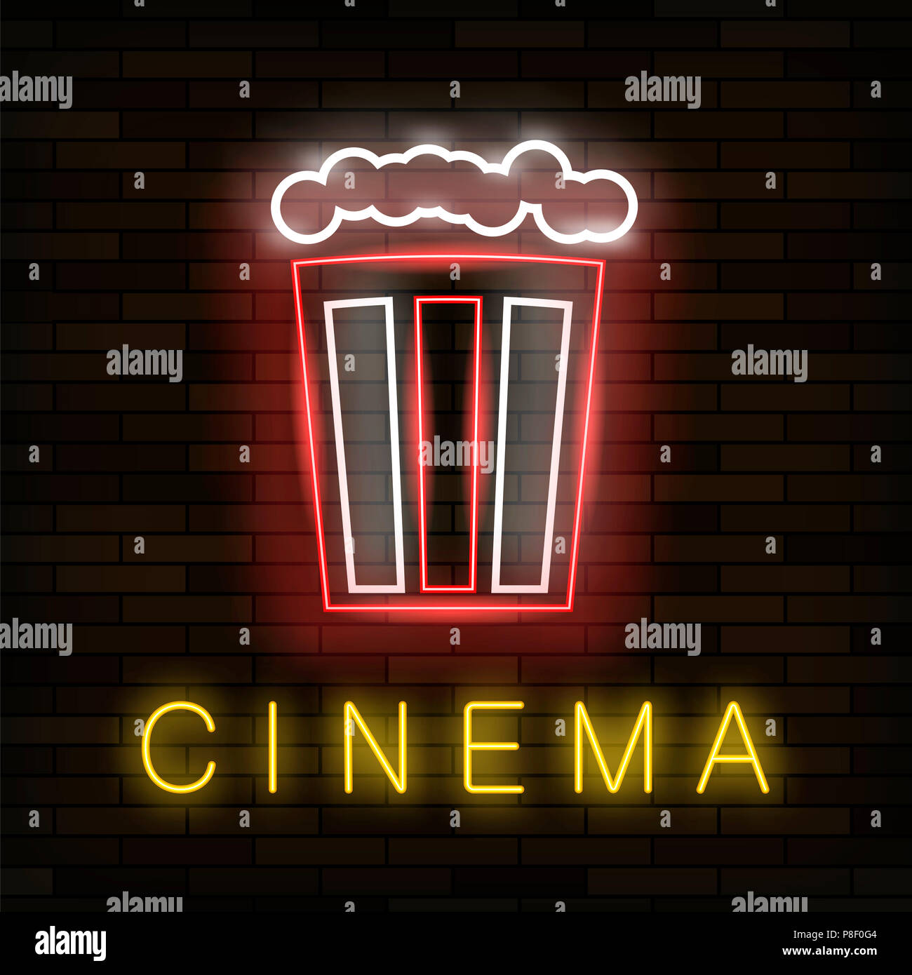Cinema Light Neon Sign on Brick Background. Colored Signboard. Bright ...