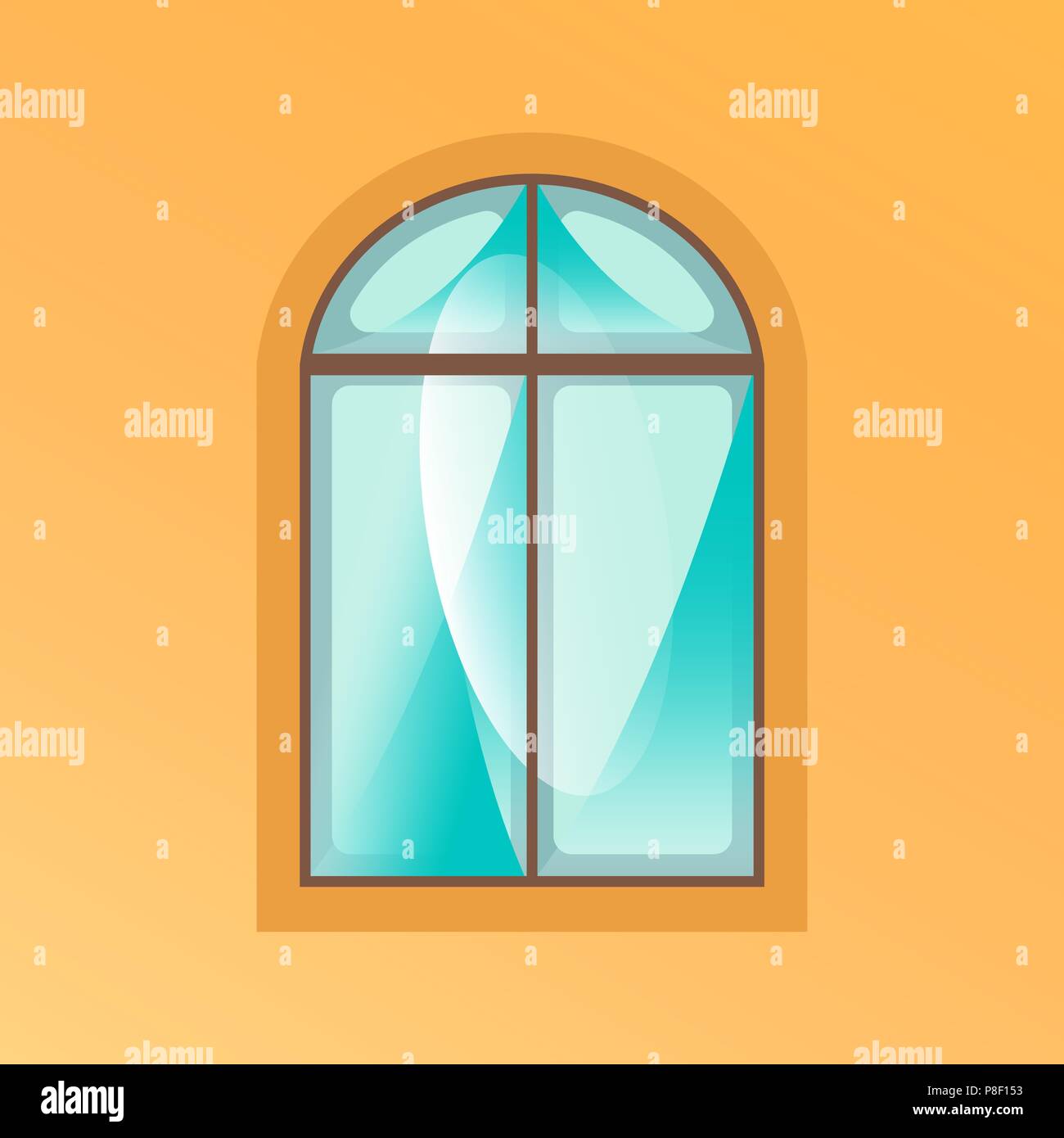 Window on yellow background. Ancient wooden window with highlights in ...