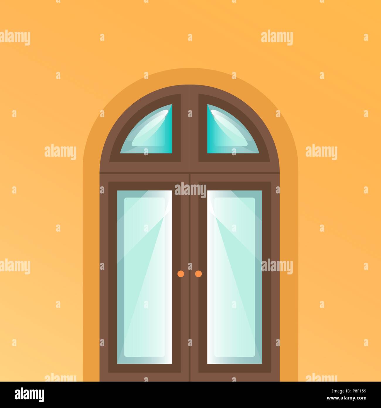 The door is on yellow background. Ancient wooden door with highlights ...