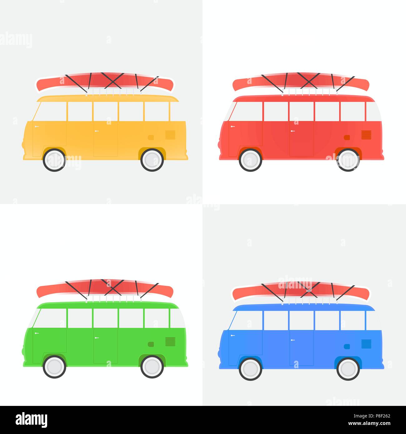 Bus for traveling with a canoe, set of different flowers, vector ...