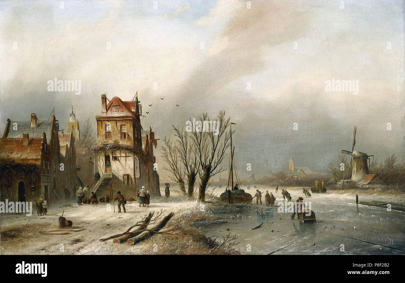 Spohler Jan Jacob Coenraad - Dutch Winter Scene with Figures Skating on ...