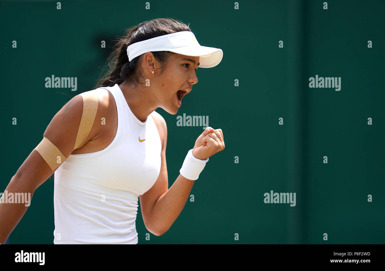 Emma Raducanu celebrates on day nine of the Wimbledon Championships at ...