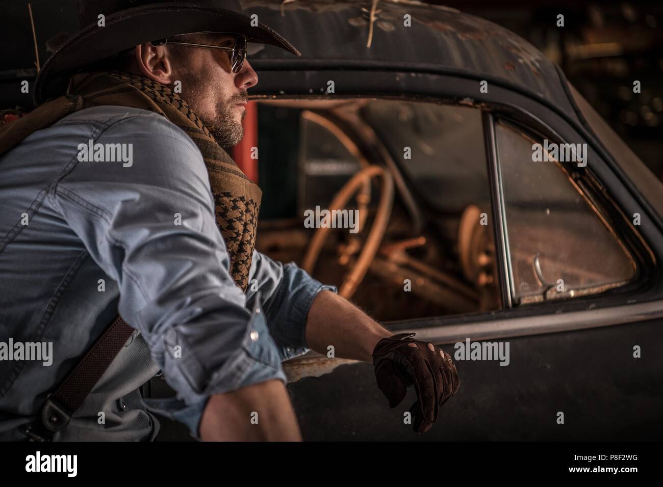 Caucasian Cowboy Classic Cars Collector. Portrait of Men and Old Rusty ...