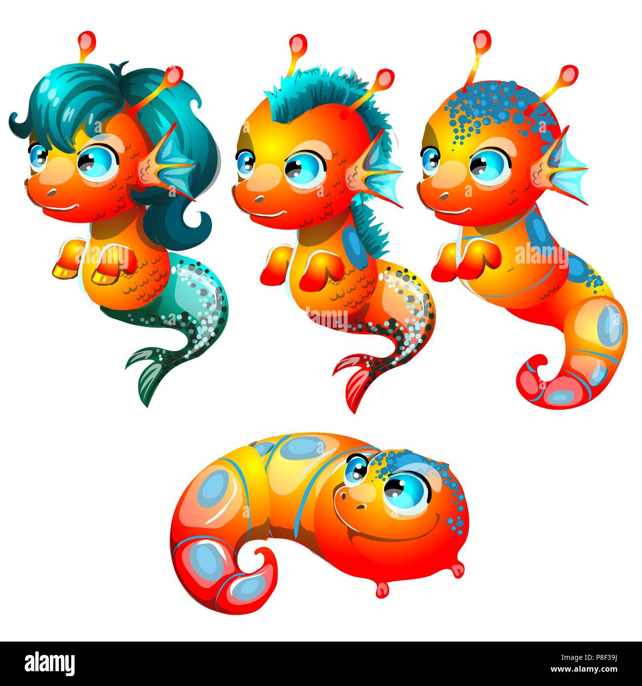 Set fantasy cartoon seahorse isolated on a white background. Stages of ...