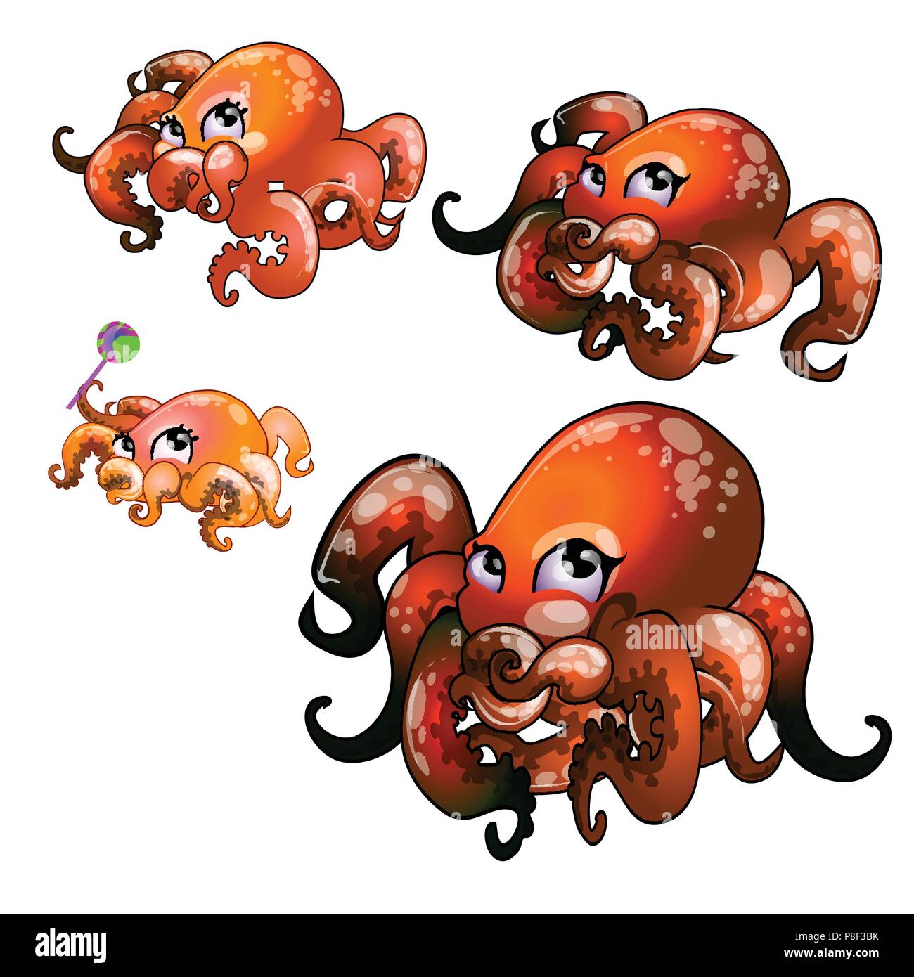 Set of cute red octopus isolated on white background. Vector cartoon ...