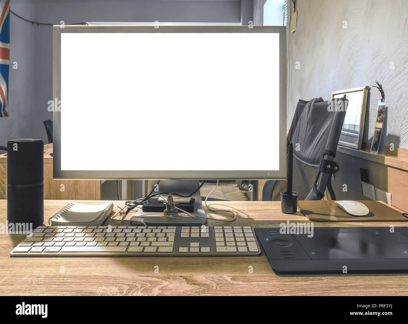 Blank screen of modern desktop computer. Workplace of graphic designer ...