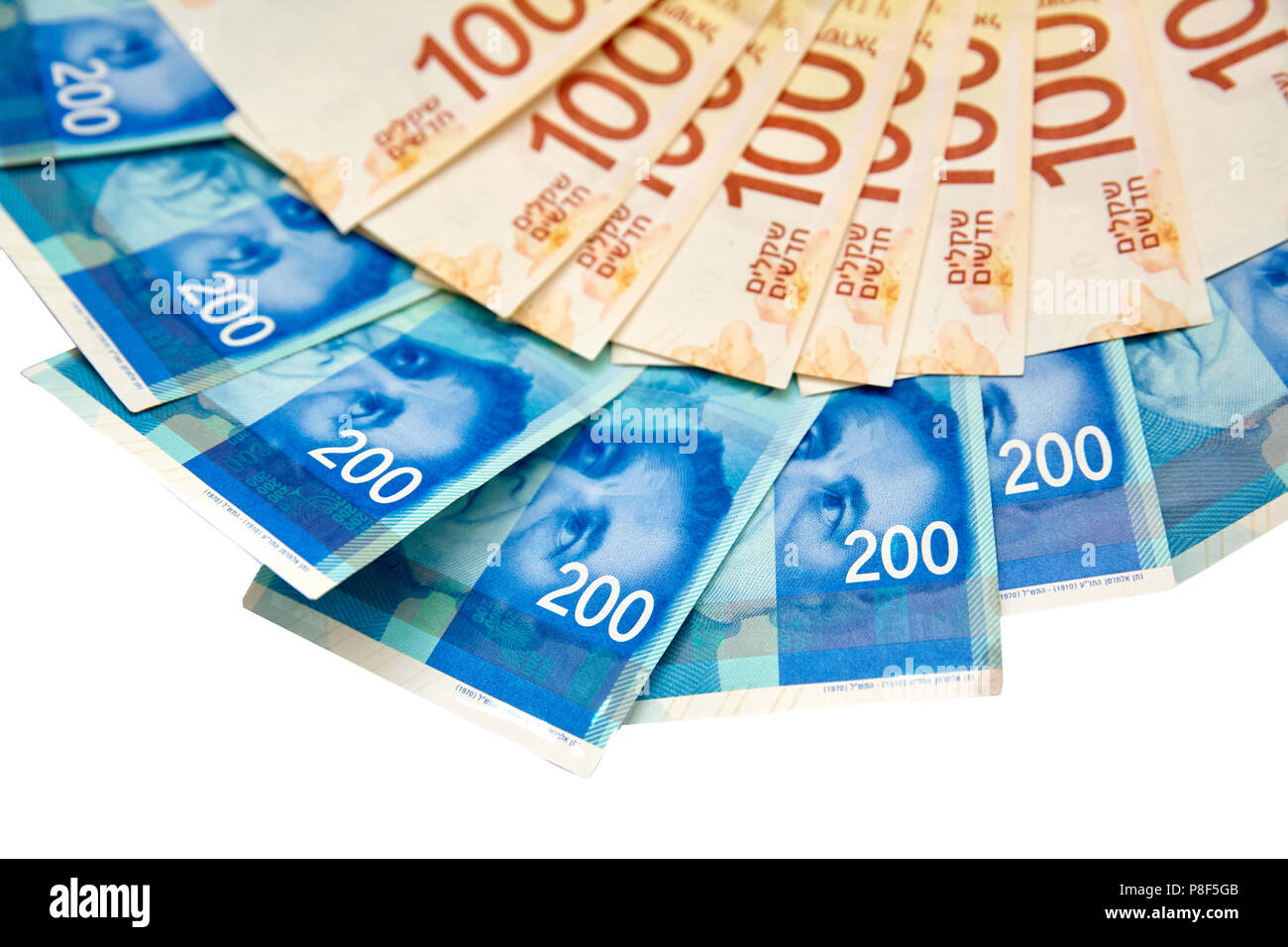 Stack one hundred, two hundred shekels, isolated on white background ...