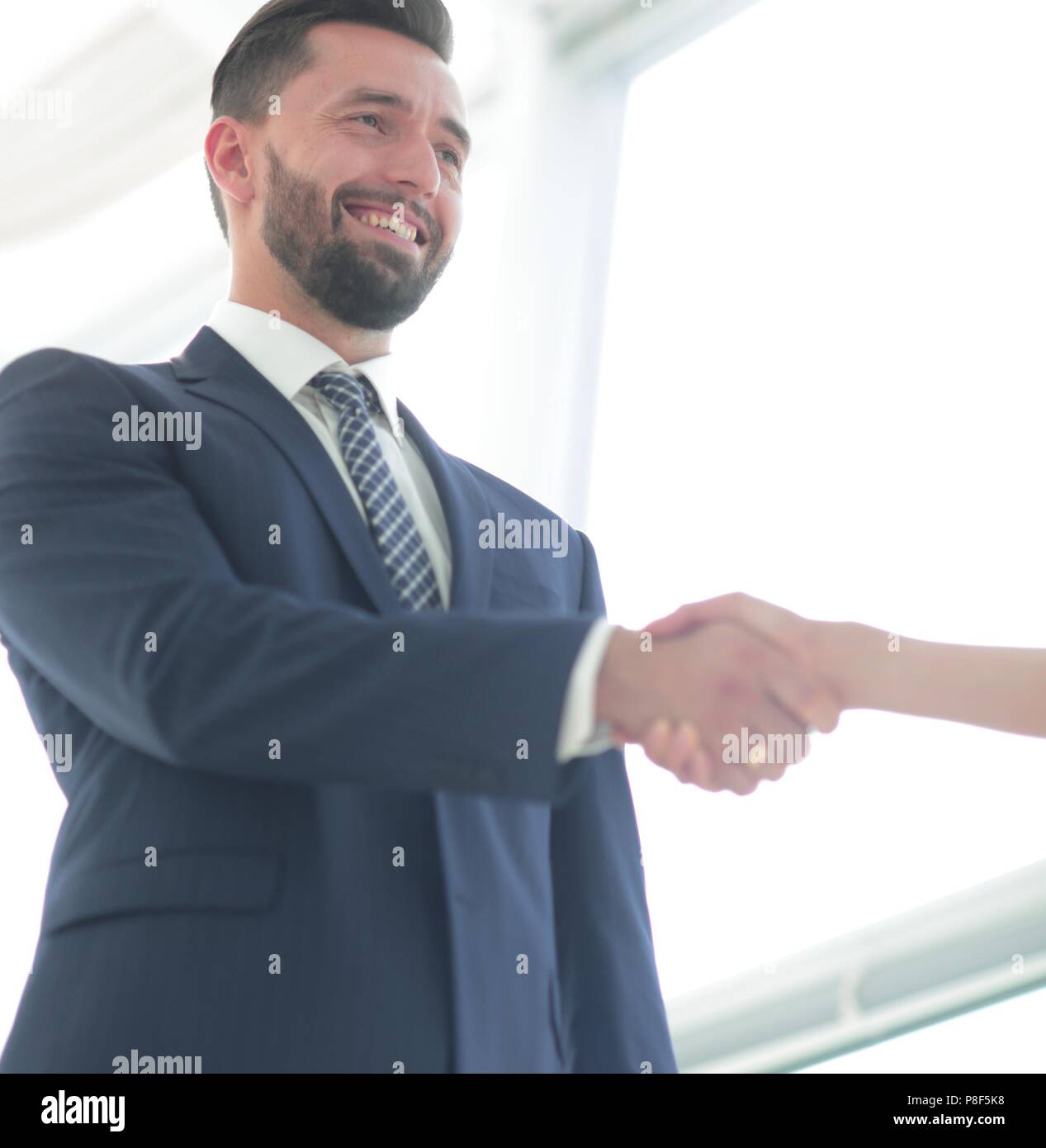 Two business workers shake hands in office Stock Photo - Alamy