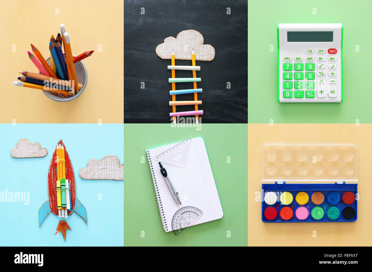 Back to school collage concept. school objects and supply with ...