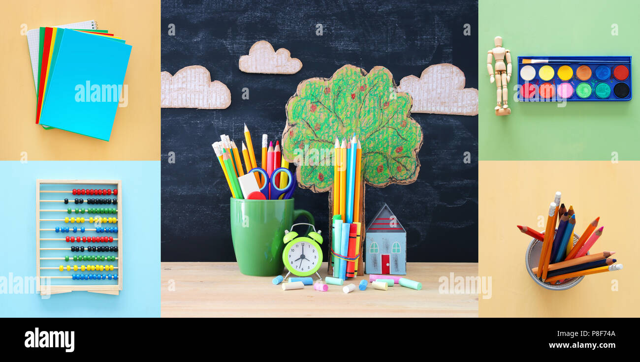 Back to school collage concept. school objects and supply with ...