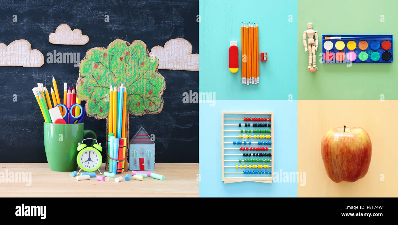 Back to school collage concept. school objects and supply with ...