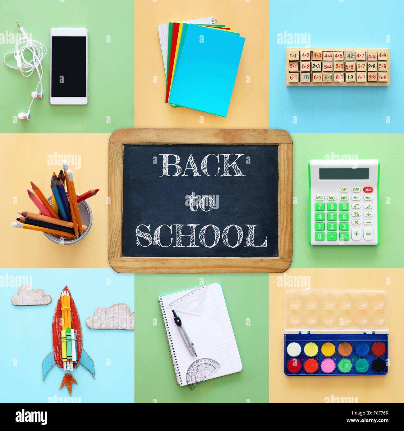 Back to school collage concept. school objects and supply with ...