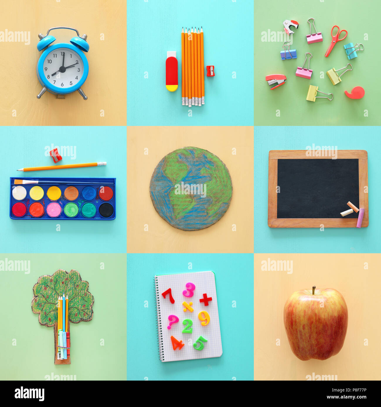 Back to school collage concept. school objects and supply with ...