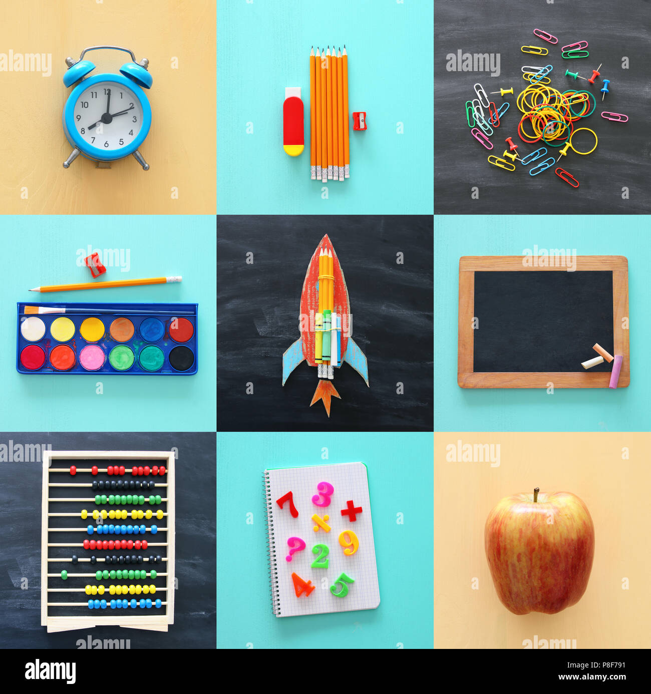 Back to school collage concept. school objects and supply with ...