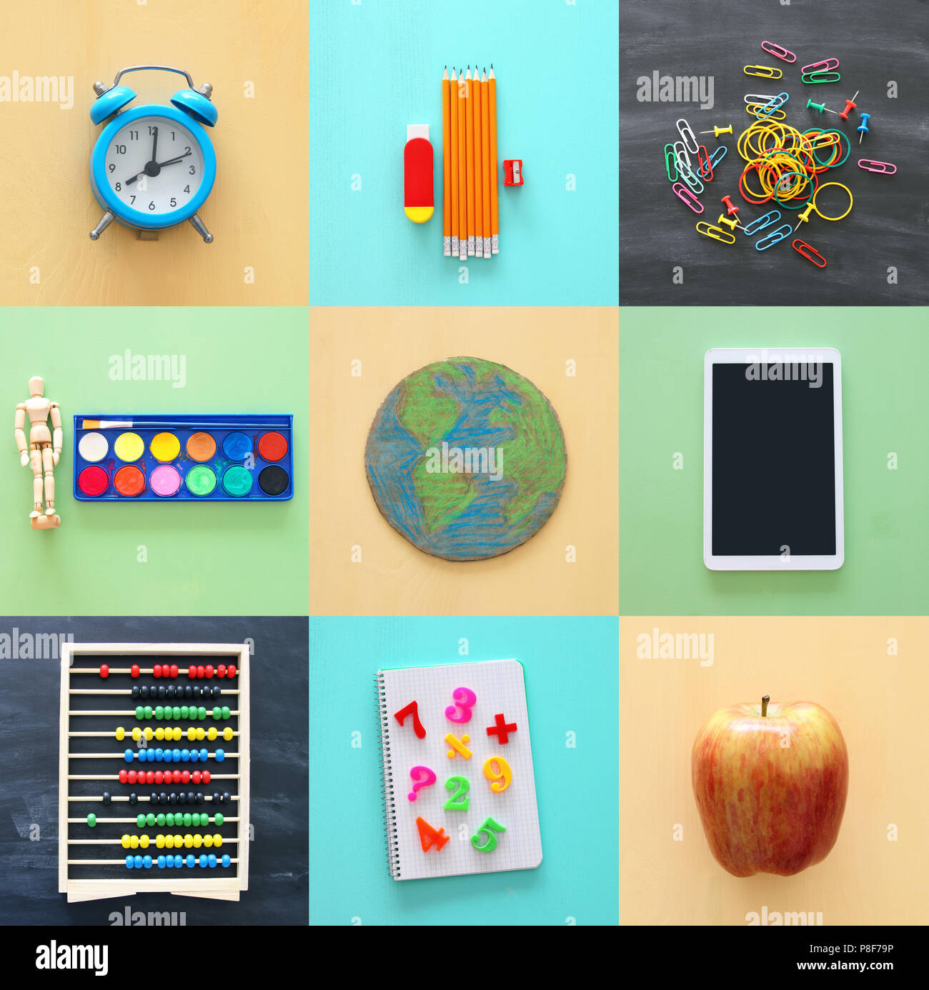Back to school collage concept. school objects and supply with ...