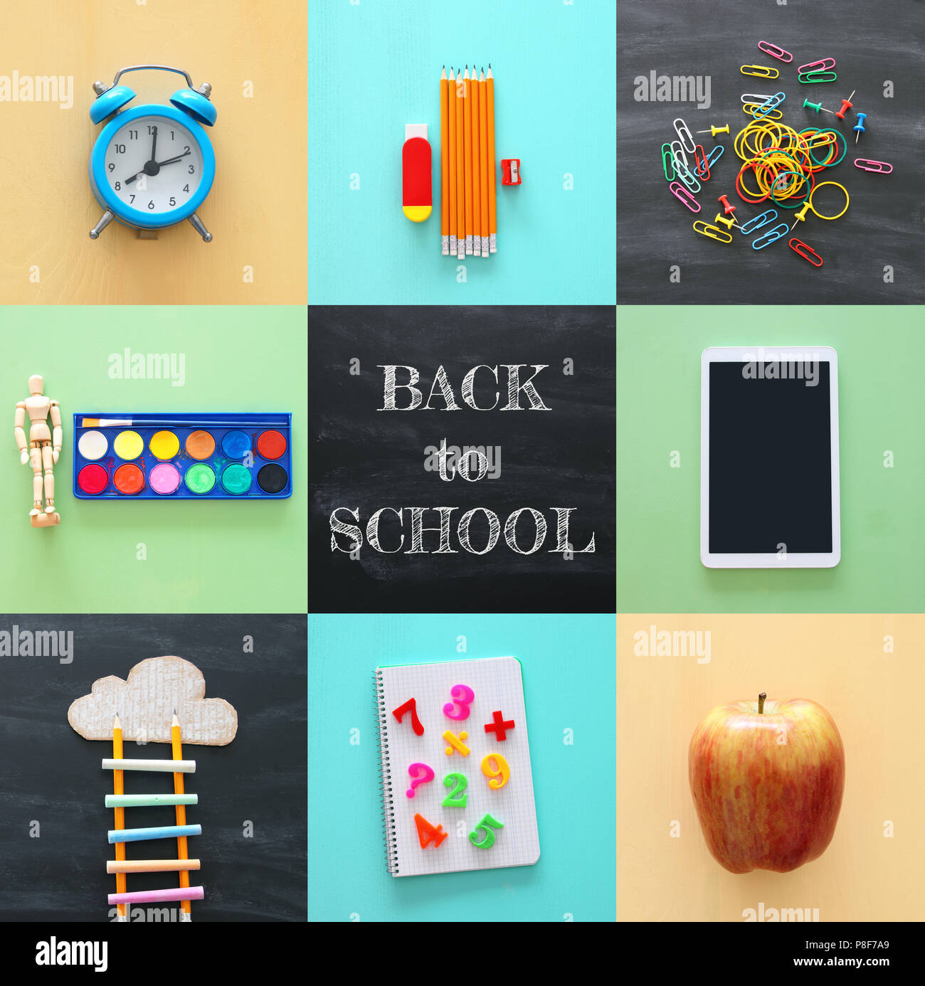 Back to school collage concept. school objects and supply with ...