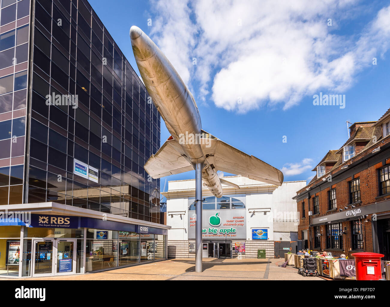 Hawker Hunter aircraft mounted on a pole outside the Big Apple ...
