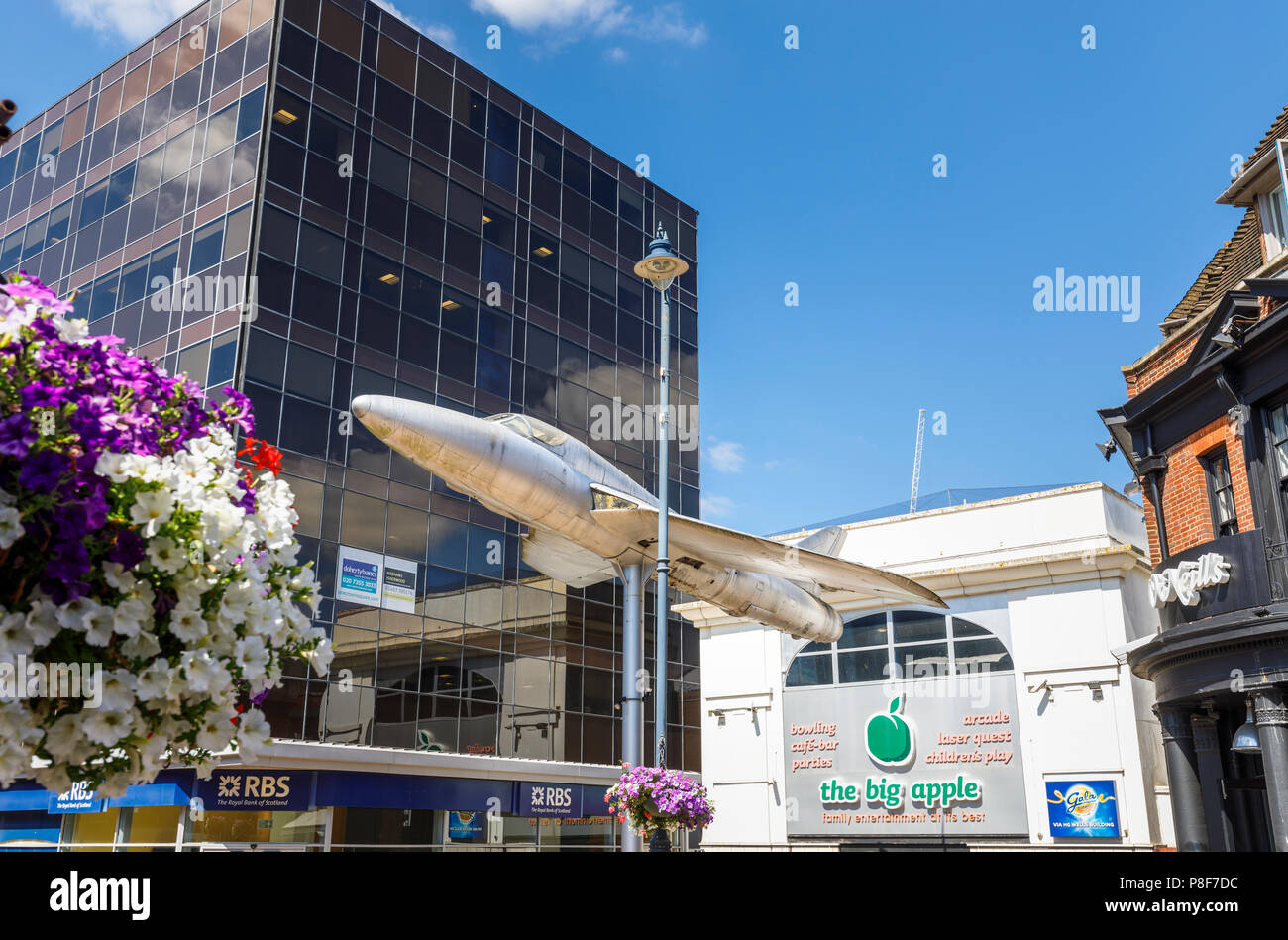 Hawker Hunter aircraft mounted on a pole outside the Big Apple ...
