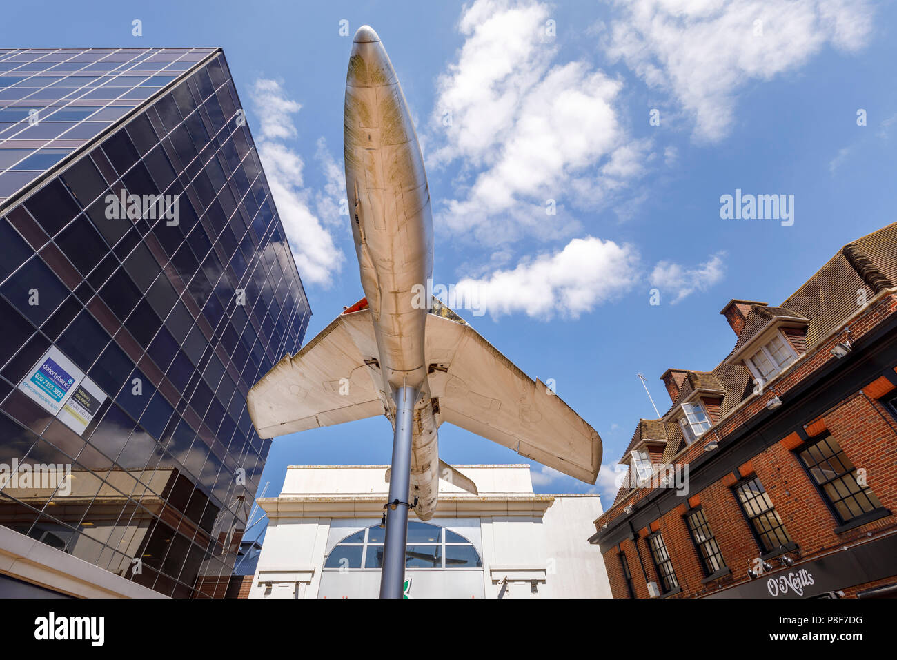 Hawker Hunter aircraft mounted on a pole outside the Big Apple ...