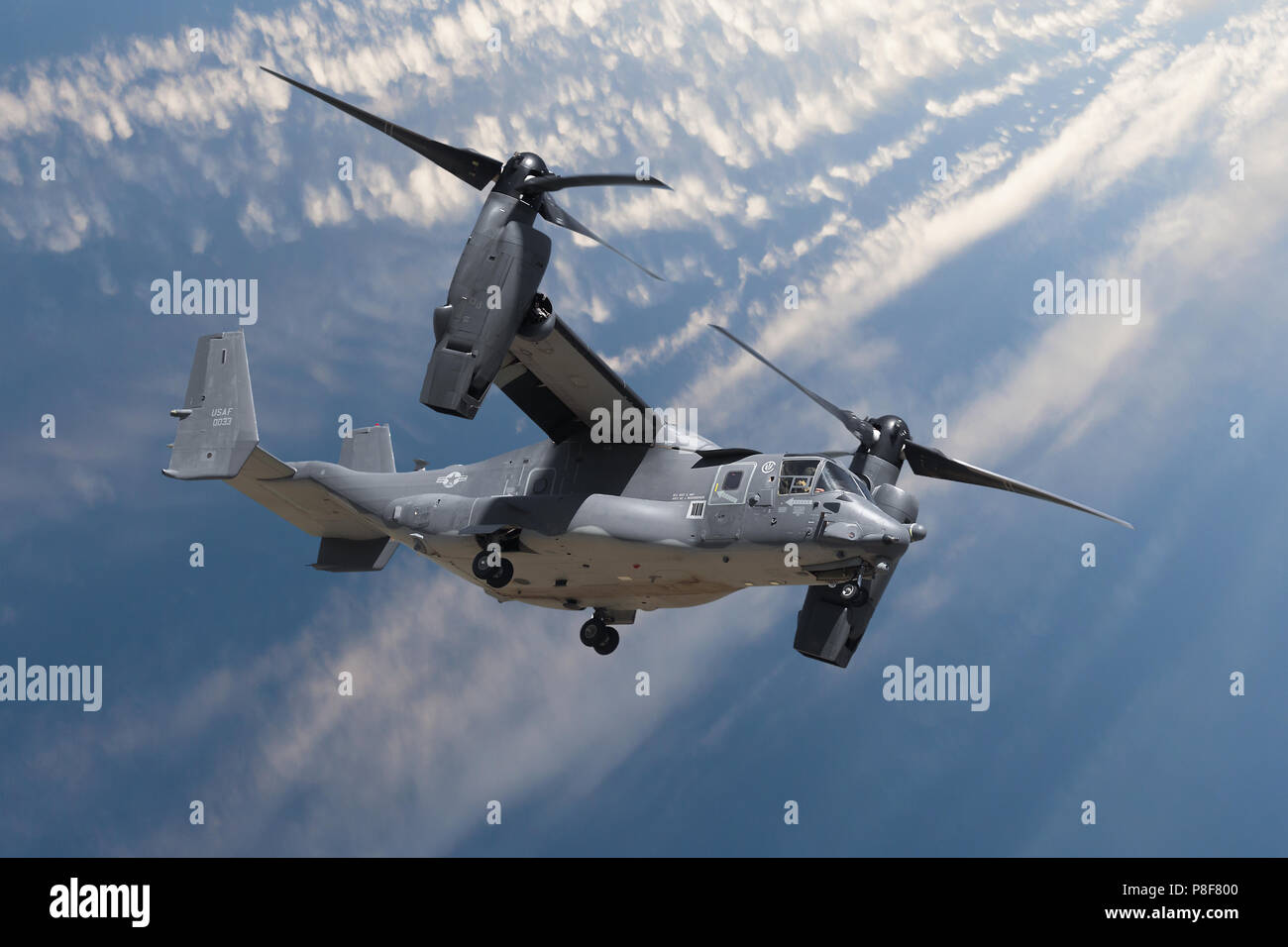 Bell Boeing Osprey V-22 helicopter close up view flying through the air ...