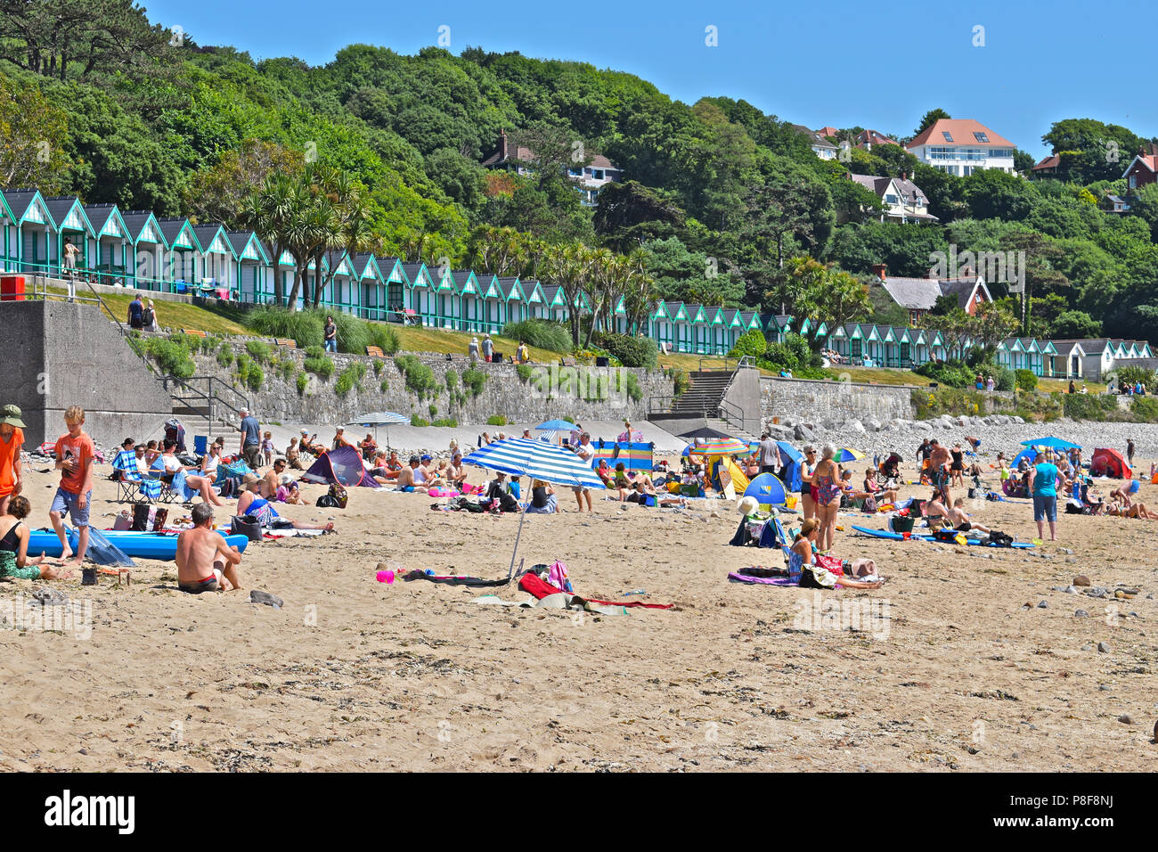 People enjoying the summer sunshine on the beach at Langland Bay, Gower ...