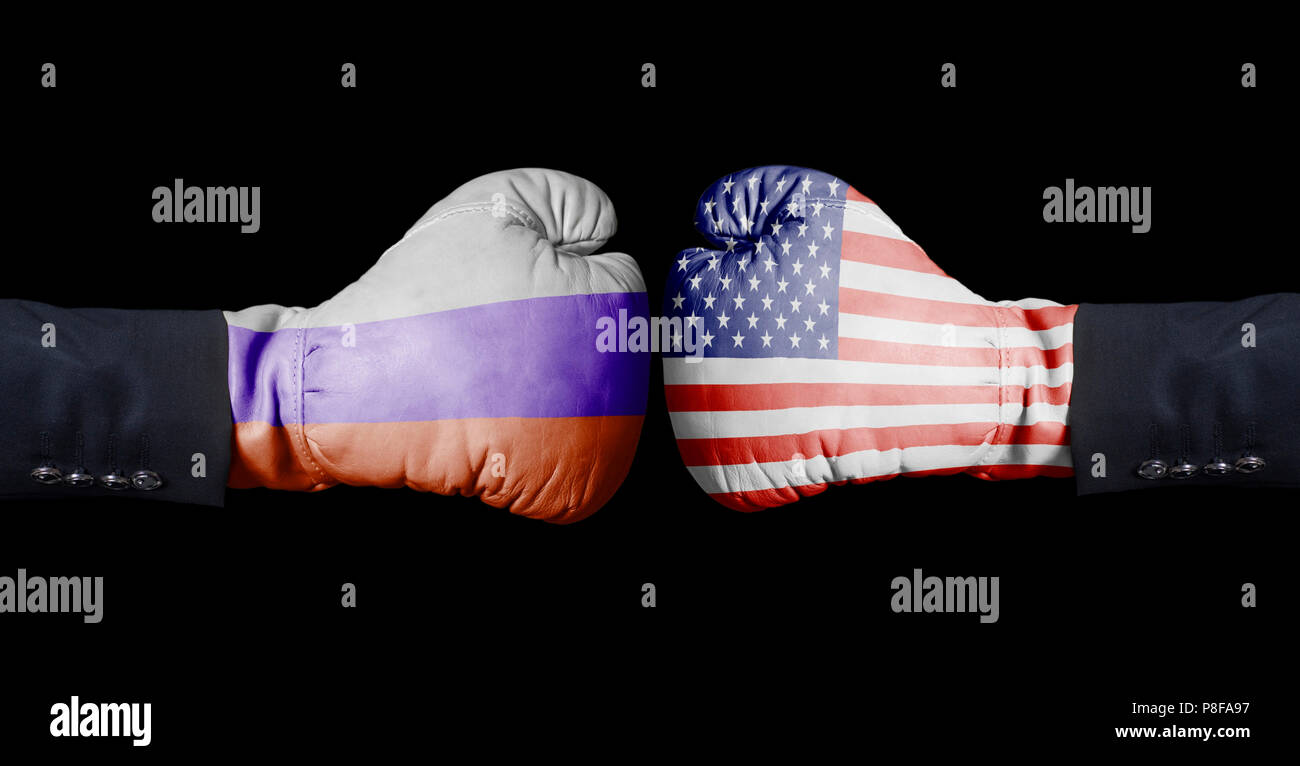 Boxing gloves with Russian and USA flag. Russia versus USA concept on ...