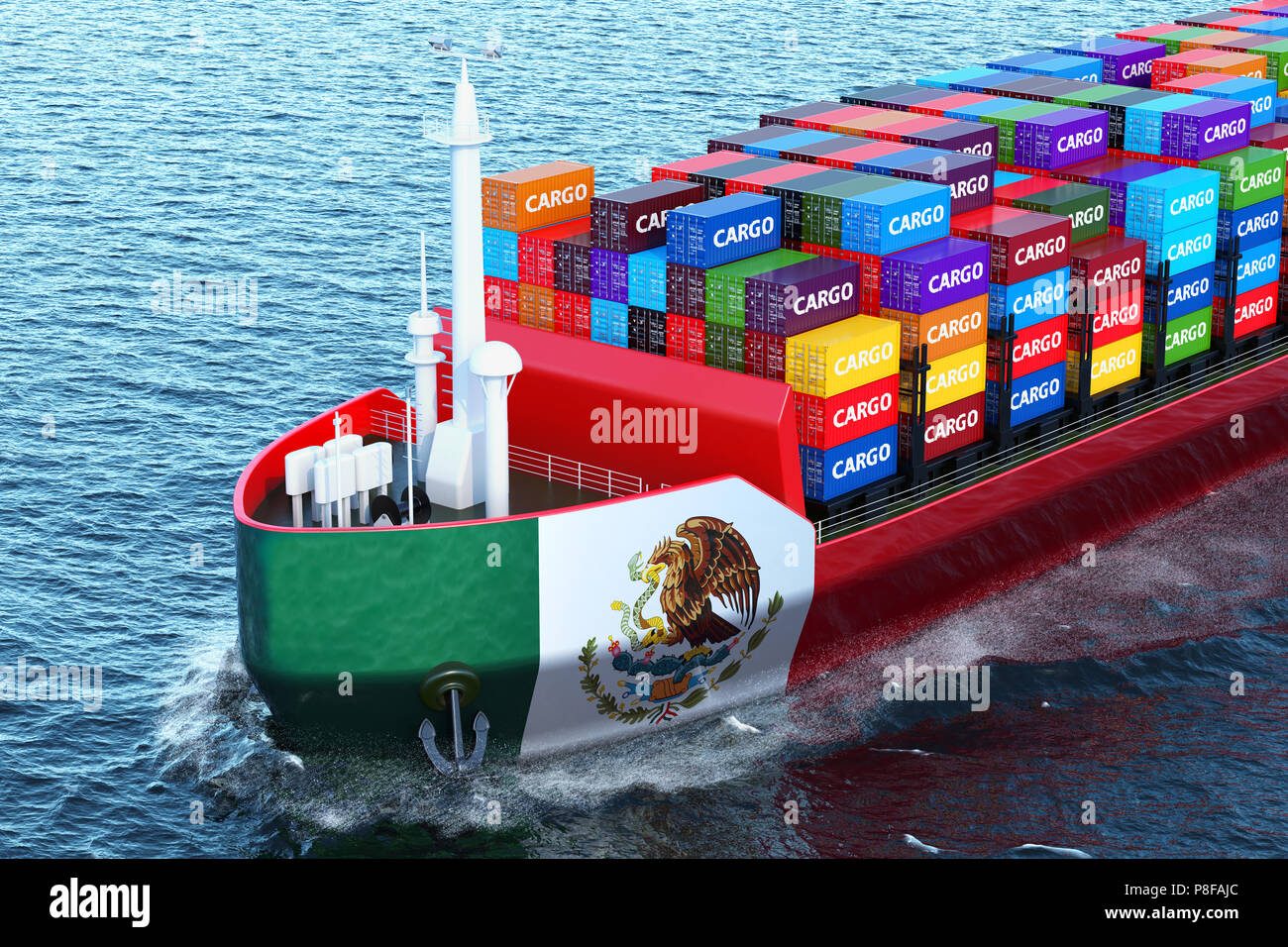 Mexican freighter ship with cargo containers sailing in ocean, 3D ...