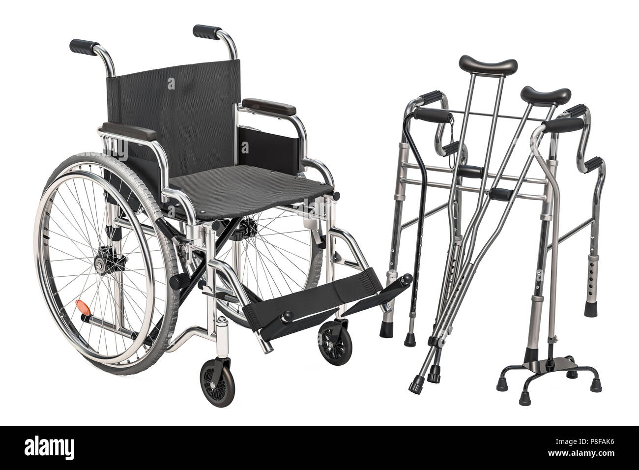 Wheelchair, walking frame and crutches isolated on white background ...