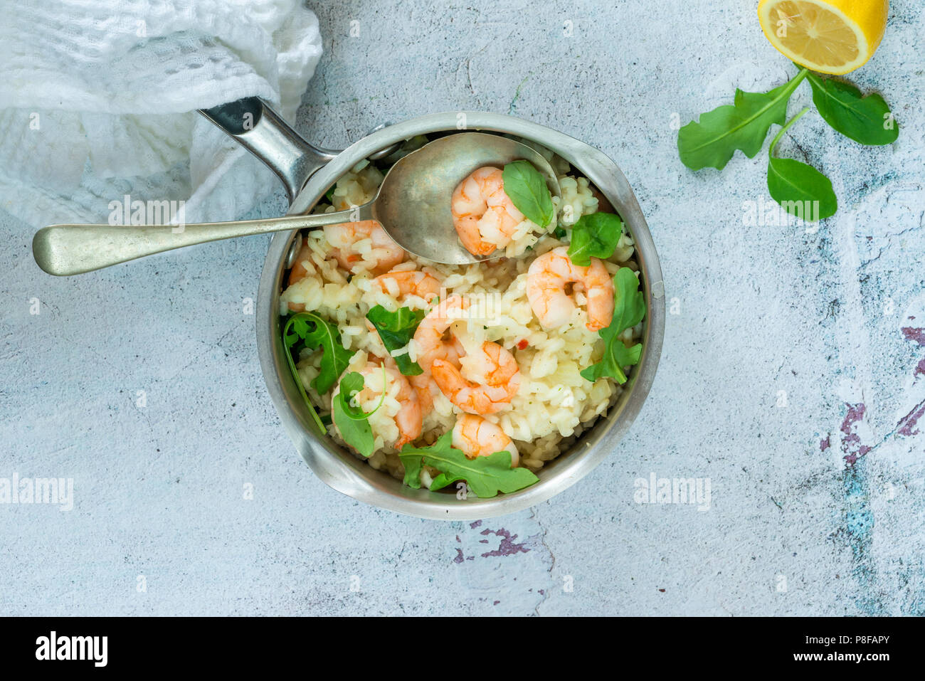 Prawn, fennel and rocket risotto - top view Stock Photo - Alamy
